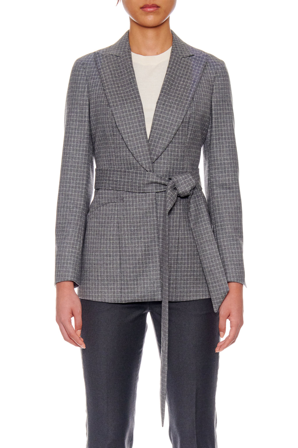 Montpellier Jacket - Wool suit jacket with peaked lapels in grey check – FREY